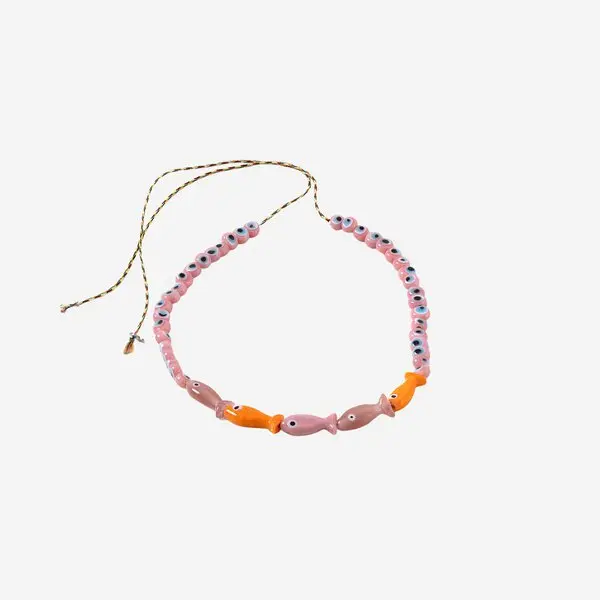 SORBET ISLAND Fabric And Glass Bead Necklace With Fish Embellishments - Red