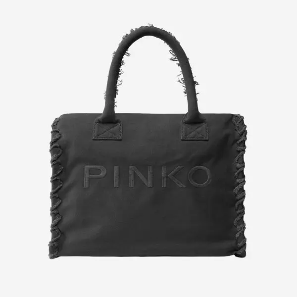 Pinko Cotton Shopper Bag With Logo And Fringed Details - Black