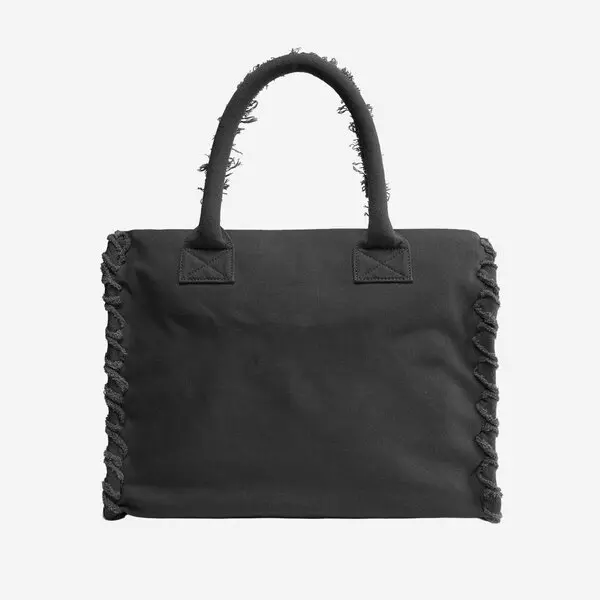 Pinko Cotton Shopper Bag With Logo And Fringed Details - Black