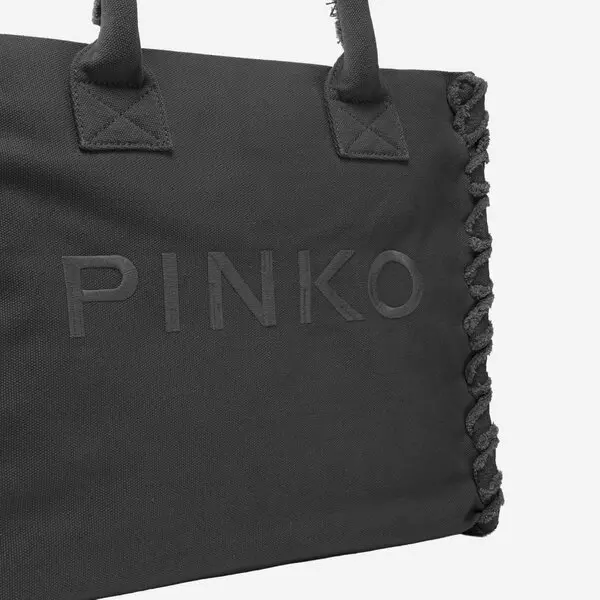 Pinko Cotton Shopper Bag With Logo And Fringed Details - Black