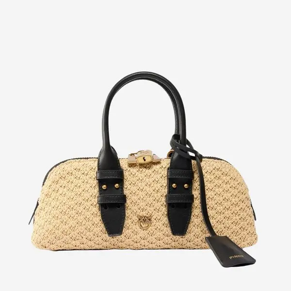 Pinko Escape Horizontal Bowling Bag In Leather And Raffia