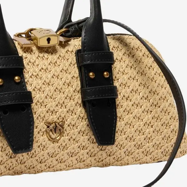 Pinko Escape Horizontal Bowling Bag In Leather And Raffia
