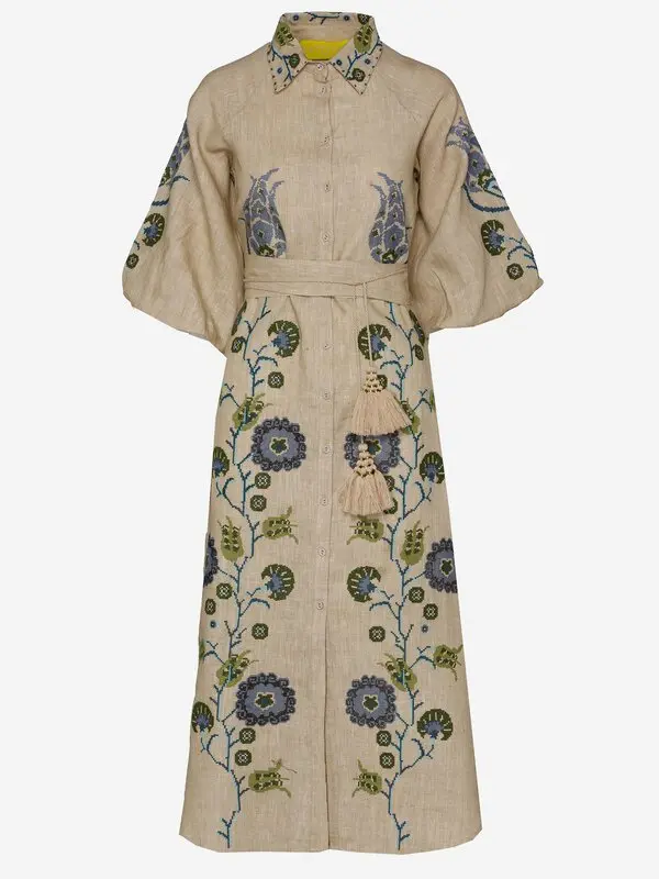 PHILIPPA 1970 Renee Linen Dress With Floral Embroidery