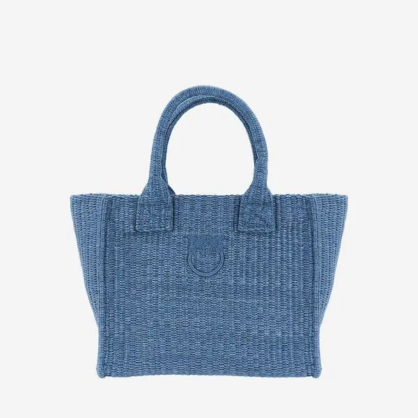 Pinko Raffia Shopper Bag With Embroidered Logo - Light Blue