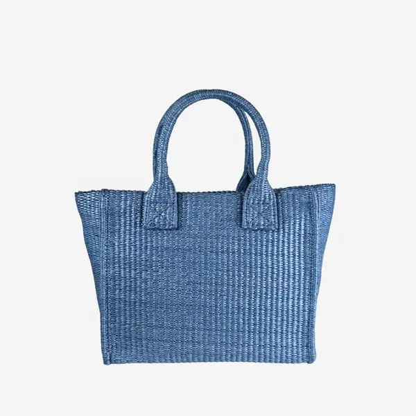 Pinko Raffia Shopper Bag With Embroidered Logo - Light Blue