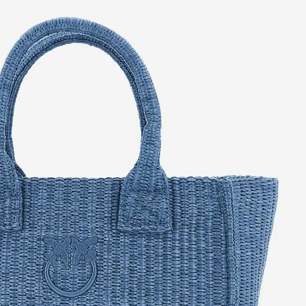 Pinko Raffia Shopper Bag With Embroidered Logo - Light Blue