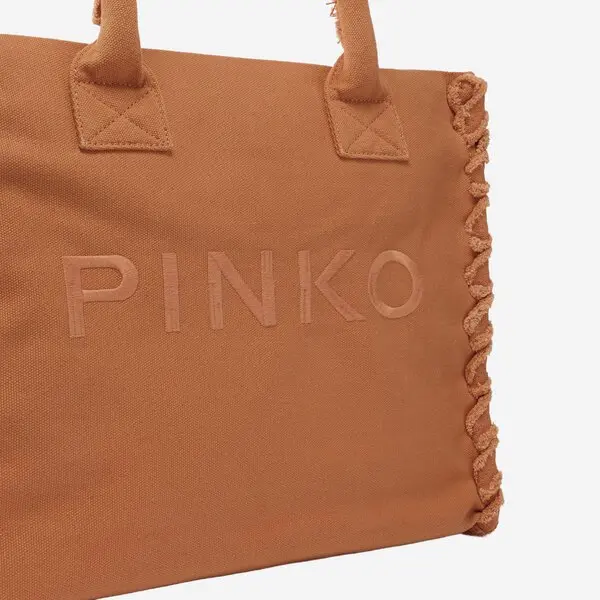 Pinko Cotton Shopper Bag With Logo Detail And Fringe - Brown