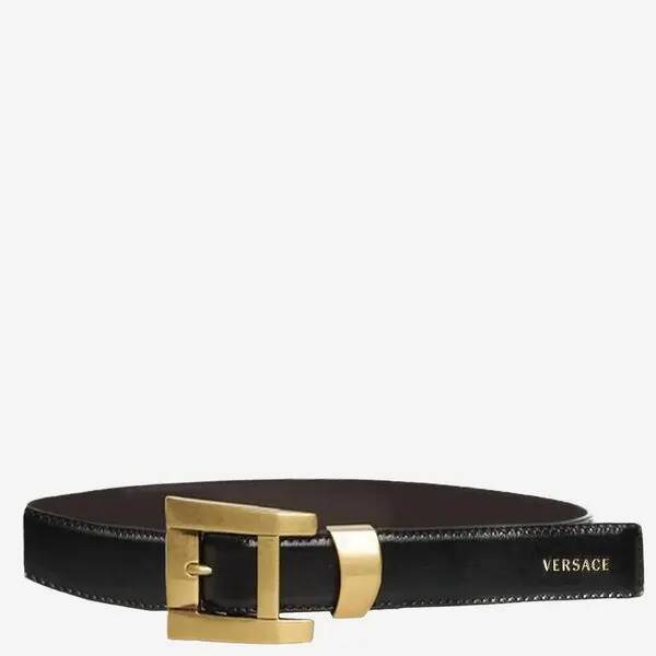 Versace Leather Belt With Logo Buckle - Black