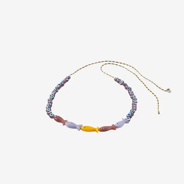 SORBET ISLAND Fabric And Glass Bead Necklace With Fish Motifs - Red