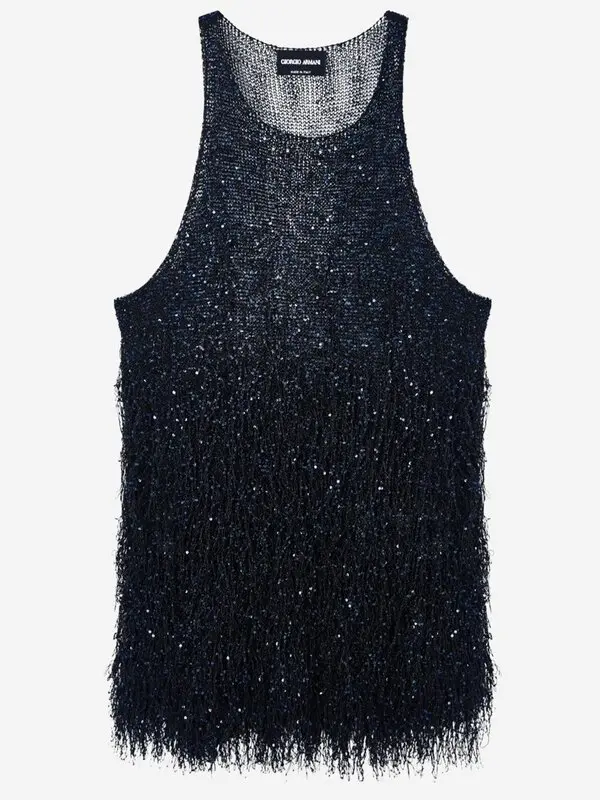 Giorgio Armani Lurex Jersey Top With Sequined Fringes - Blue
