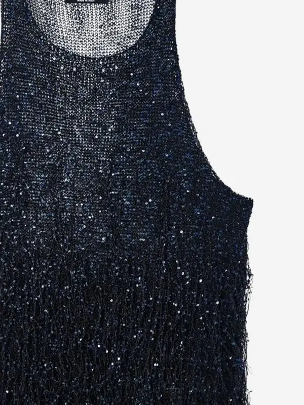 Giorgio Armani Lurex Jersey Top With Sequined Fringes - Blue