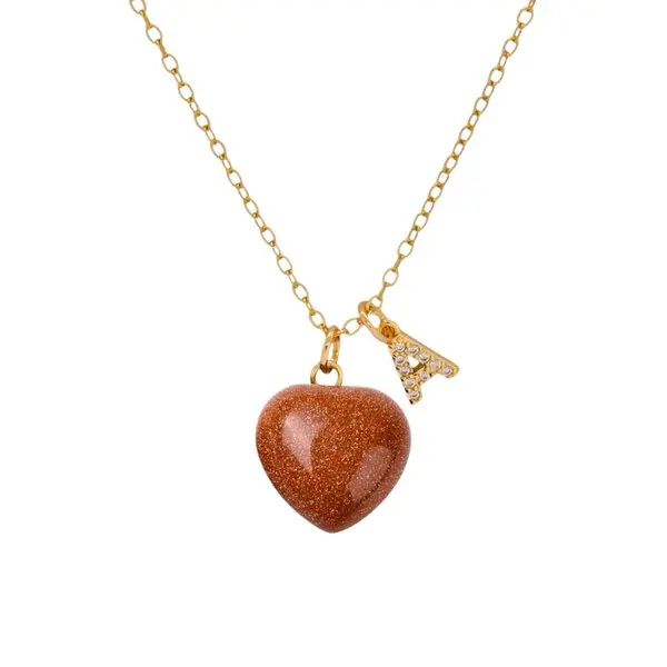 VALERIE CHIC Goldstone Heart Charm Necklace With Initial - Brown/gold