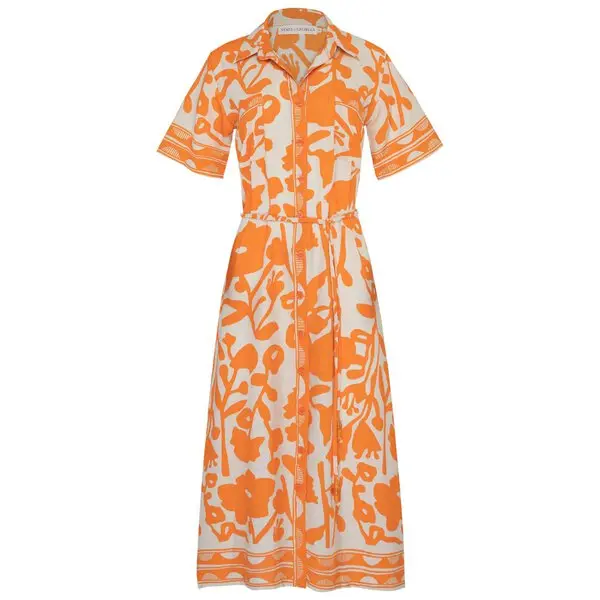 STATE OF GEORGIA Printed Cotton Linen Midi Shirt Dress With Drawcord Waist - Orange