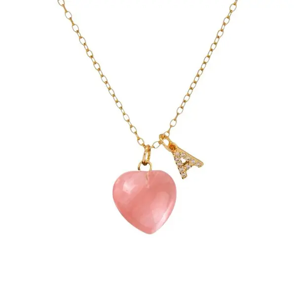 VALERIE CHIC Gold Plated Cherry Quartz Heart Charm Necklace With Zirconia Initial - Gold/red