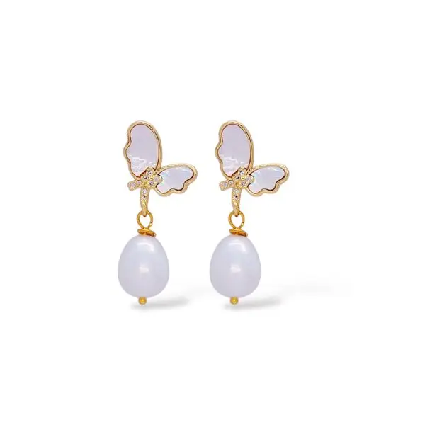 VALERIE CHIC 18k Gold Plated Butterfly Drop Earrings With Pearls And Zirconia - Gold/white