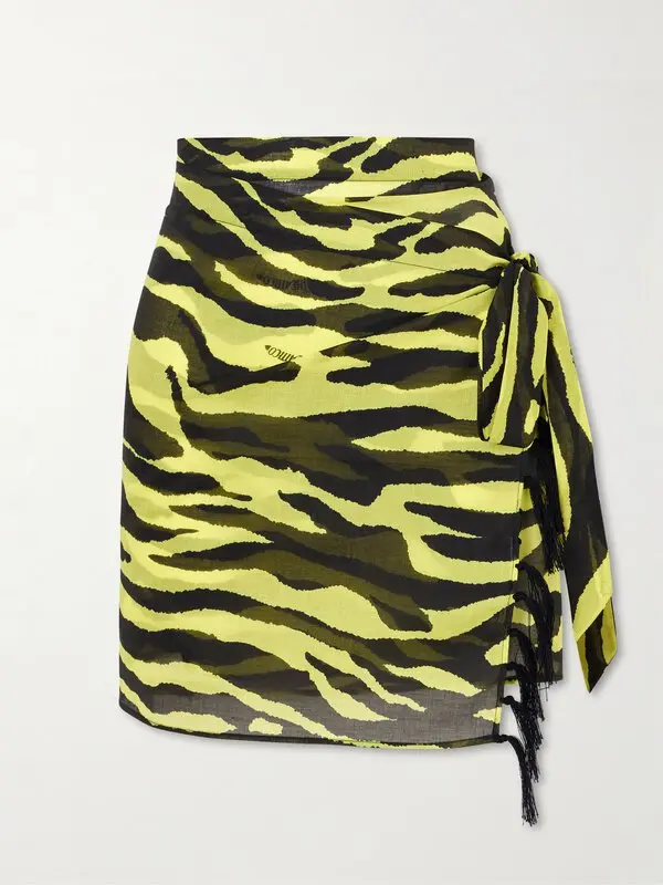Attico Tasseled Zebra-print Cotton-voile Pareo - Yellow