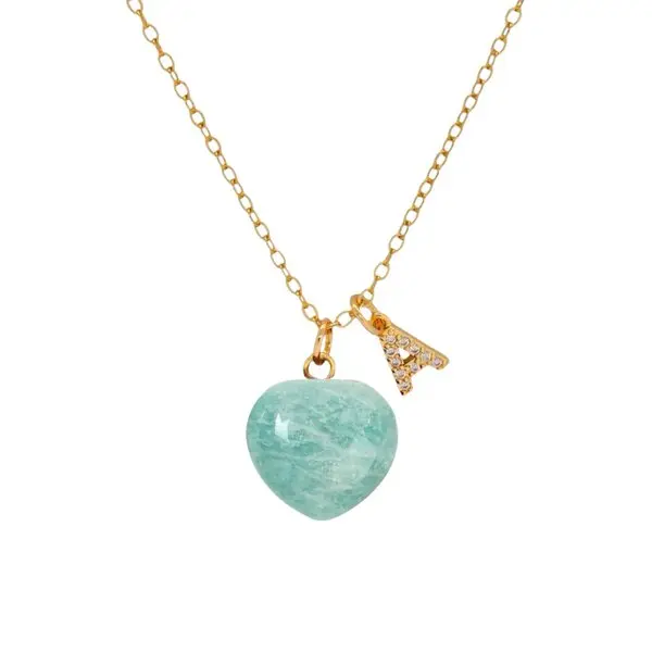 VALERIE CHIC Gold Plated Brass Amazonite Heart Charm Necklace With Zirconia Accent - Gold/blue