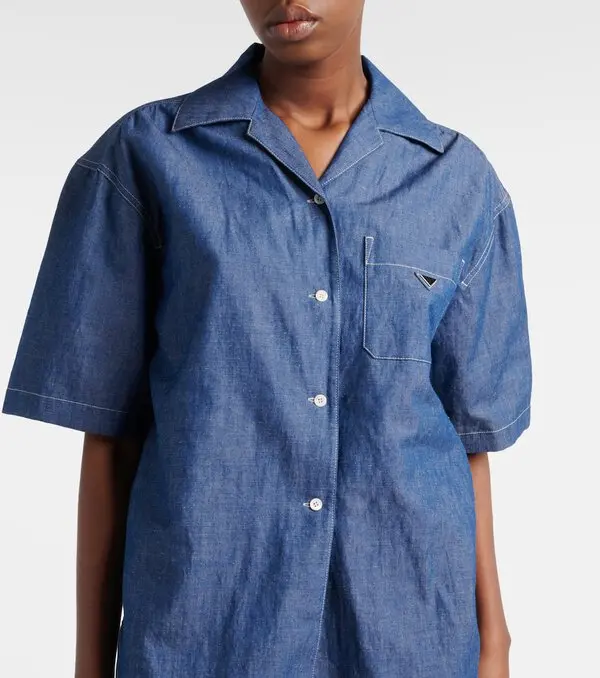 Prada Cotton And Linen Chambray Romper - Blue