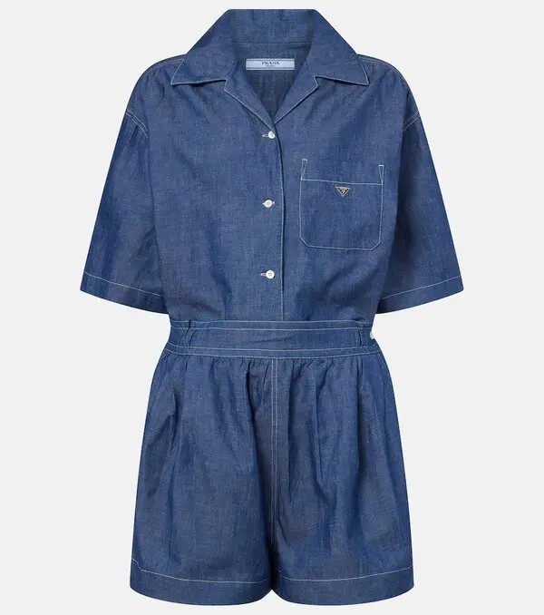 Prada Cotton And Linen Chambray Romper - Blue