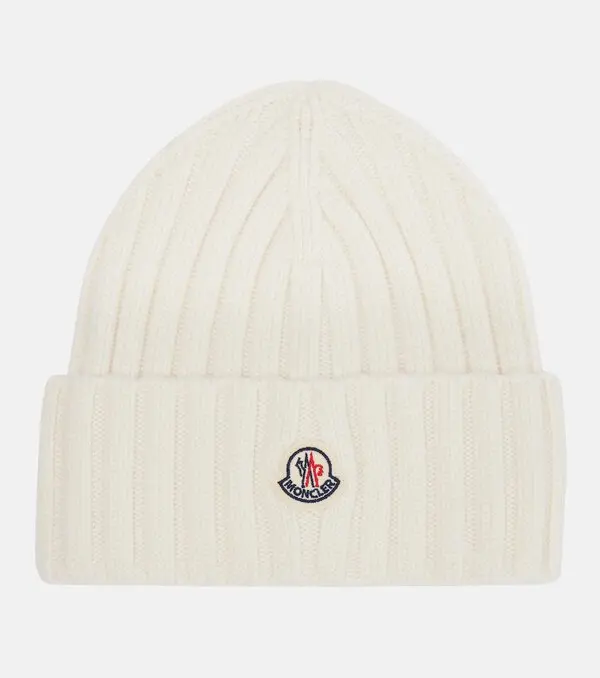 Moncler Logo Virgin Wool Beanie - White