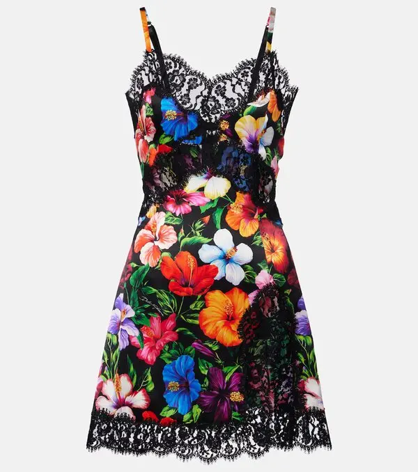 Dolce & Gabbana Floral Print Silk And Cotton-blend Mini Dress With Lace Trim - Multicoloured