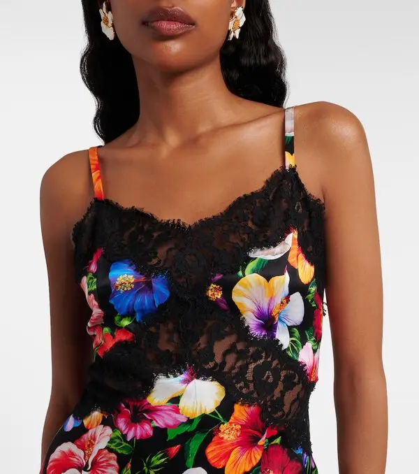 Dolce & Gabbana Floral Print Silk And Cotton-blend Mini Dress With Lace Trim