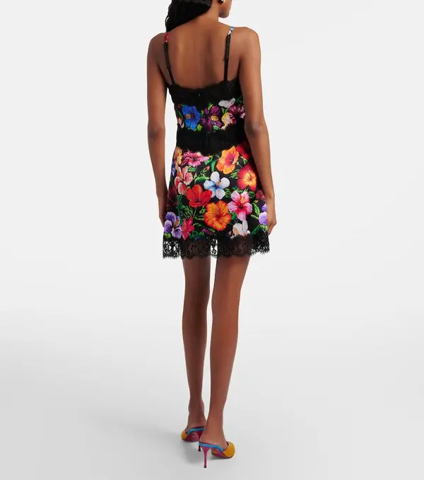 Dolce & Gabbana Floral Print Silk And Cotton-blend Mini Dress With Lace Trim