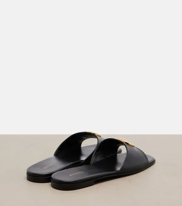 Gucci Double G Leather Slides - Black