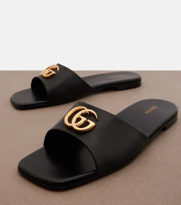 Gucci Double G Leather Slides - Black