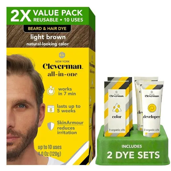 CLEVERMAN 2x Pack Reusable Beard & Hair Dye Kit - Light Brown