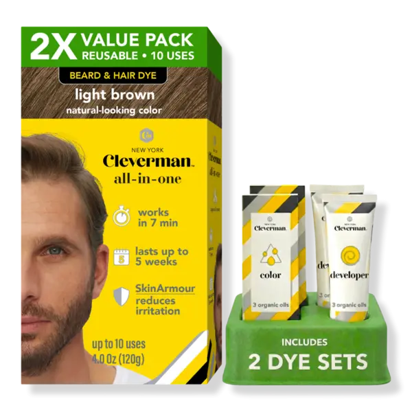 CLEVERMAN 2x Pack Reusable Beard & Hair Dye Kit - Light Brown