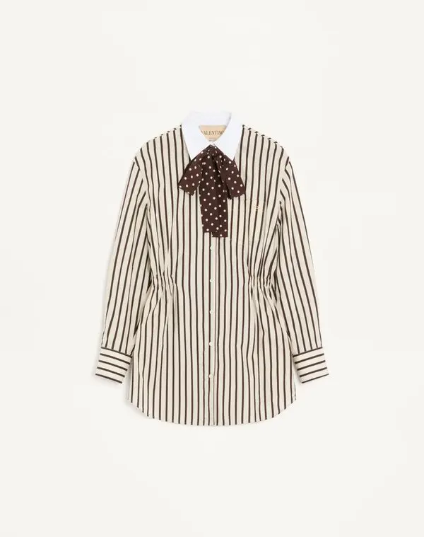 Valentino Garavani Short Dress In Printed Striped Poplin - Ivory/chocolate