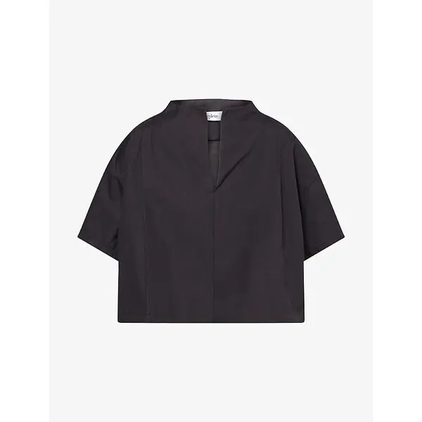 Stylein Cropped V-neck Short Sleeve Cotton Blouse - Black