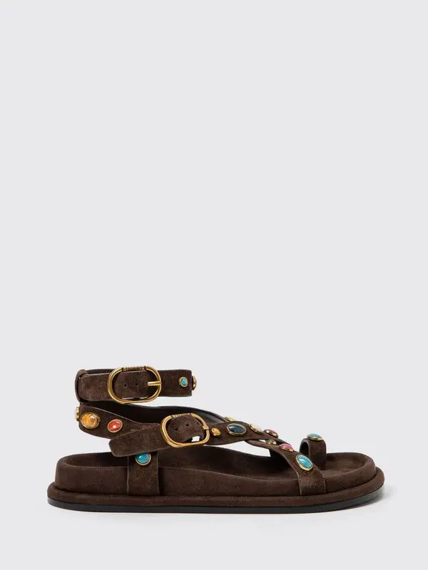 TWINSET Suede Sandal With Cabochon Stones - Coffee