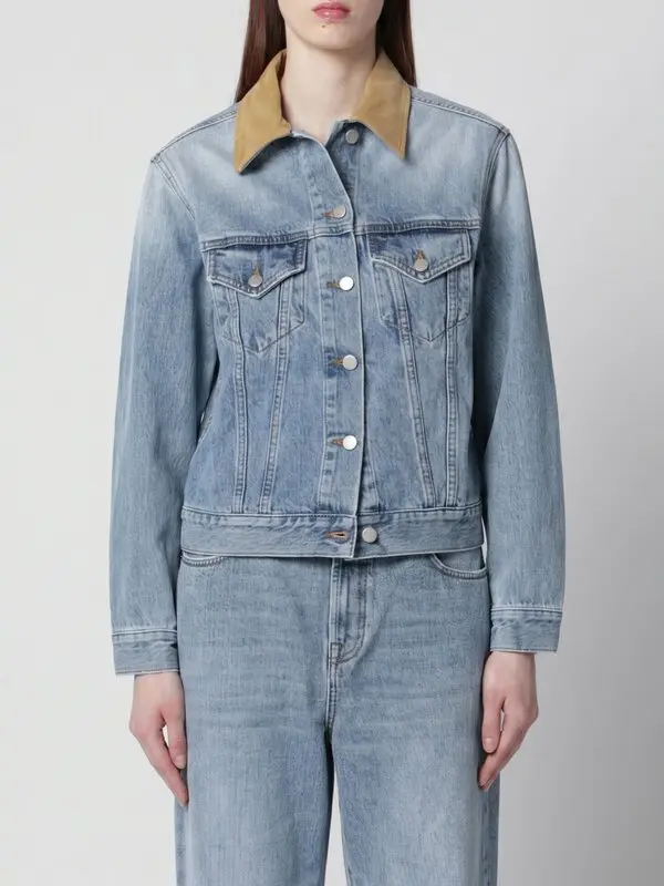 RÓHE Cropped Cotton Jacket With Velvet Collar - Denim