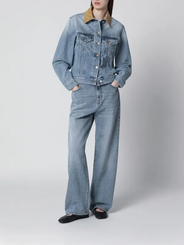 RÓHE Cropped Cotton Jacket With Velvet Collar - Denim