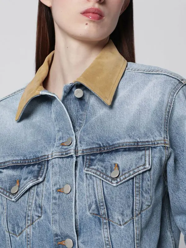 RÓHE Cropped Cotton Jacket With Velvet Collar - Denim
