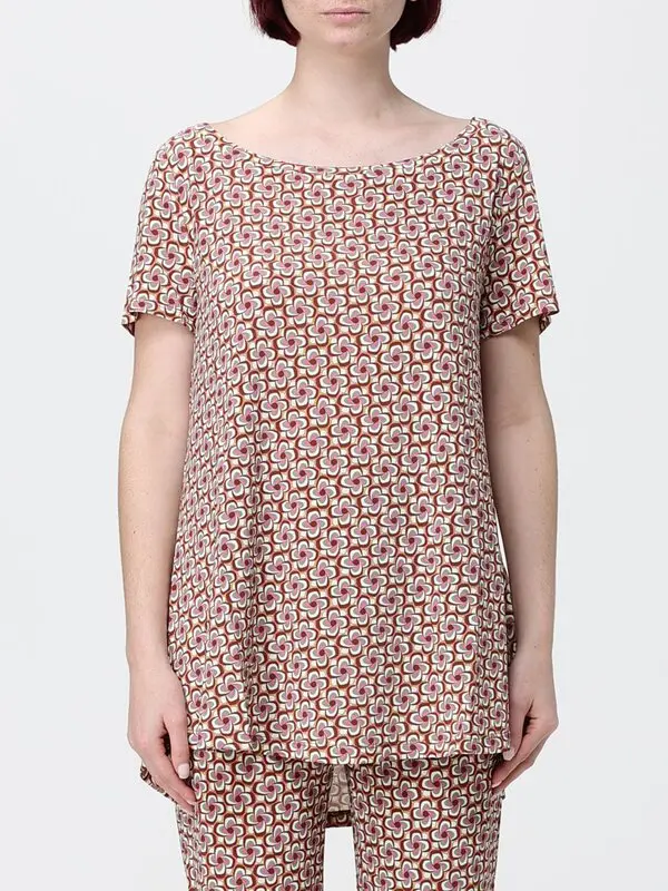 Malìparmi Floral Viscose Jersey Boat Neck Short Sleeve Top - Brown