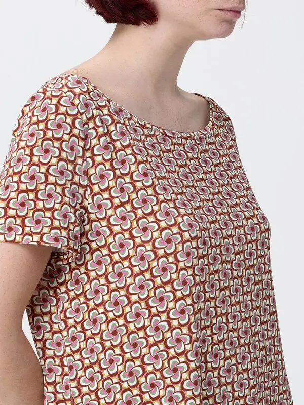 Malìparmi Floral Viscose Jersey Boat Neck Short Sleeve Top - Brown