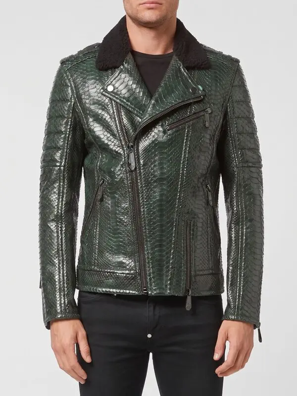Philipp Plein Snake Leather Biker Jacket - Green