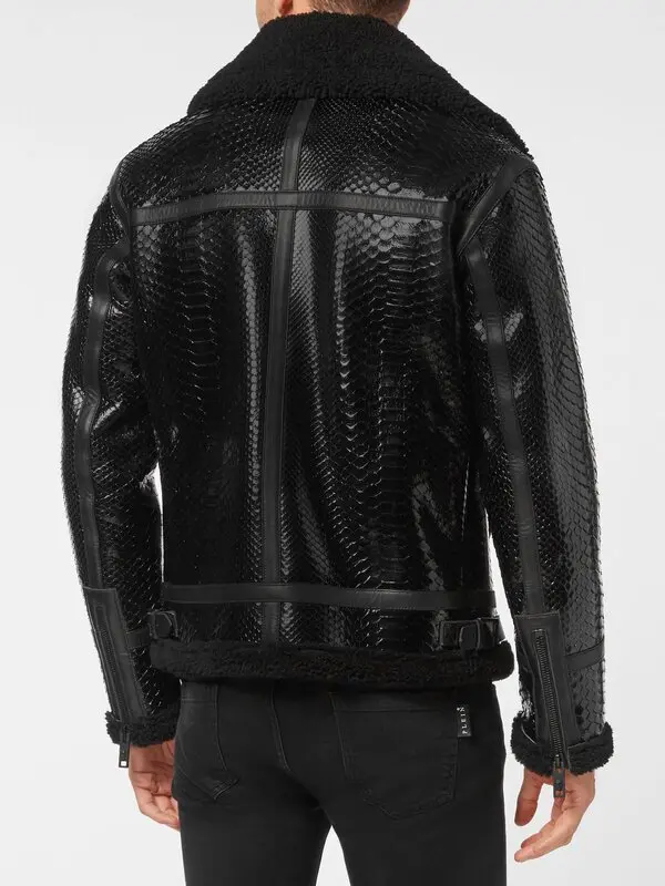 Philipp Plein Python Leather Jacket With Shearling Collar