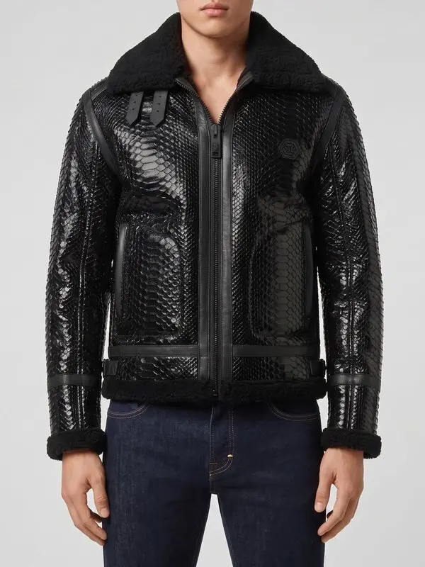 Philipp Plein Python Leather Jacket With Shearling Collar - Black