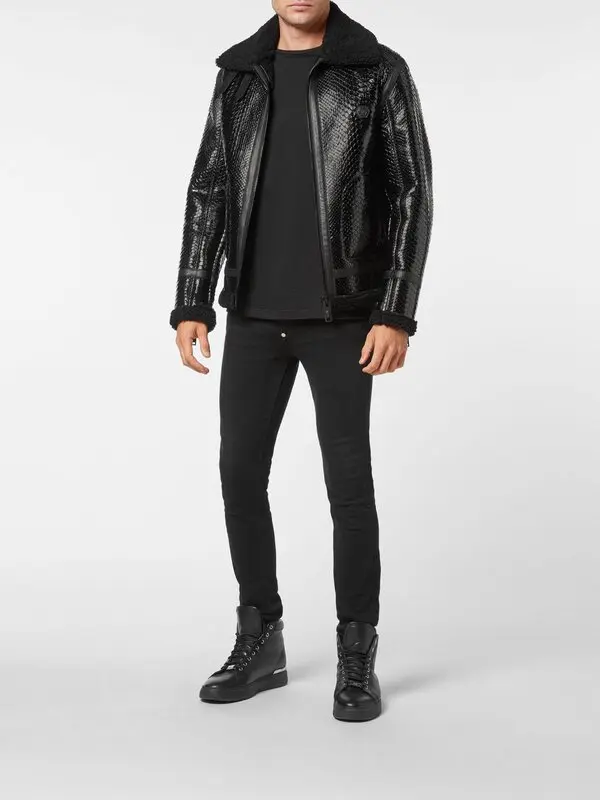 Philipp Plein Python Leather Jacket With Shearling Collar - Black