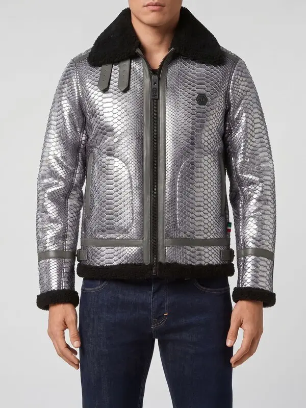 Philipp Plein Python Pattern Leather Jacket With Shearling Collar - Silver