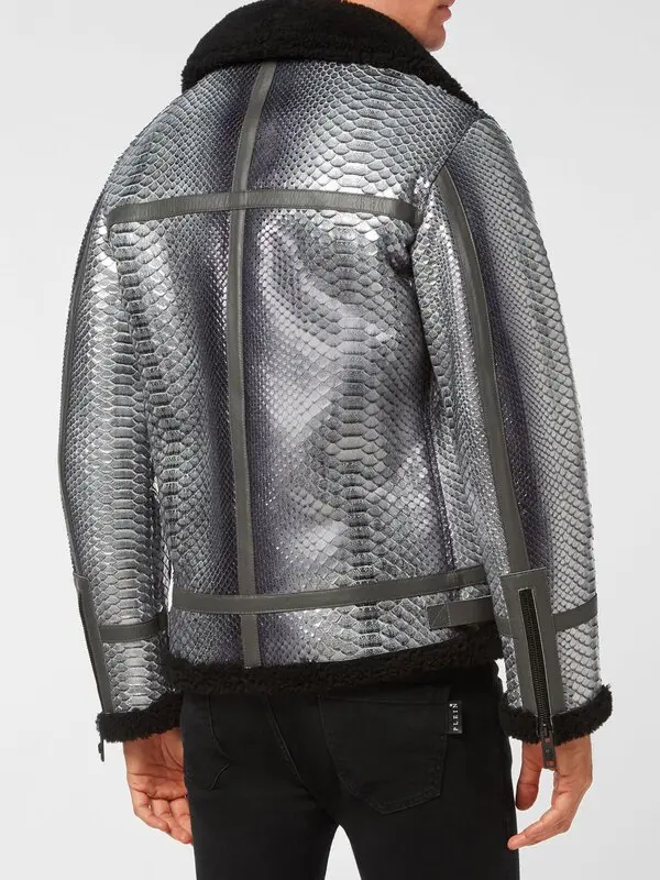 Philipp Plein Python Pattern Leather Jacket With Shearling Collar