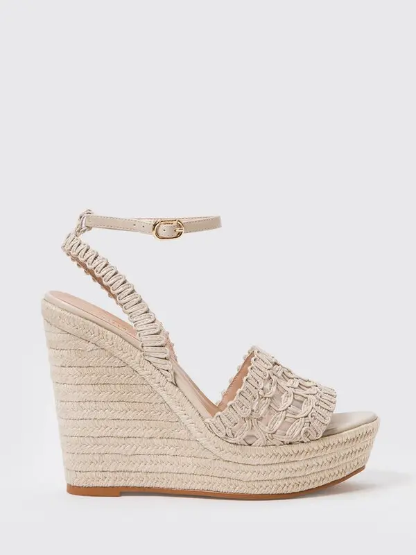 TWINSET Embroidered Faux Leather Wedge Sandal With Jute Platform