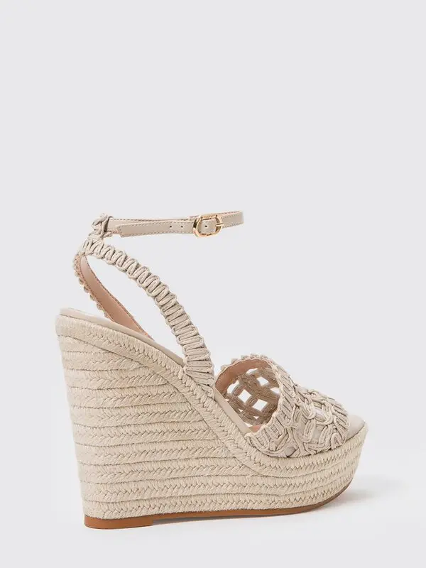 TWINSET Embroidered Faux Leather Wedge Sandal With Jute Platform