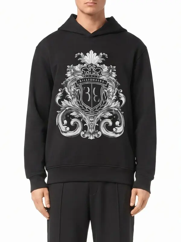 BILLIONAIRE Cotton Hoodie With Baroque Print And Embroidered Logo - Black