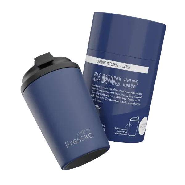 FRESSKO Camino 12oz / 340ml Reusable Coffee Cup, Ceramic Denim - Blue