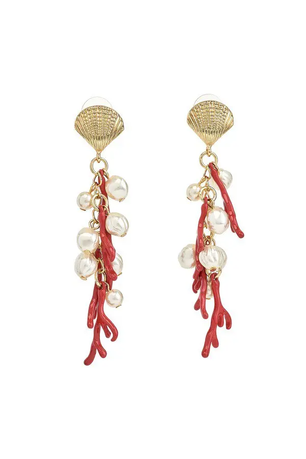 KENNETH JAY LANE Shell Top Pearl And Branches Drop Earrings - Red